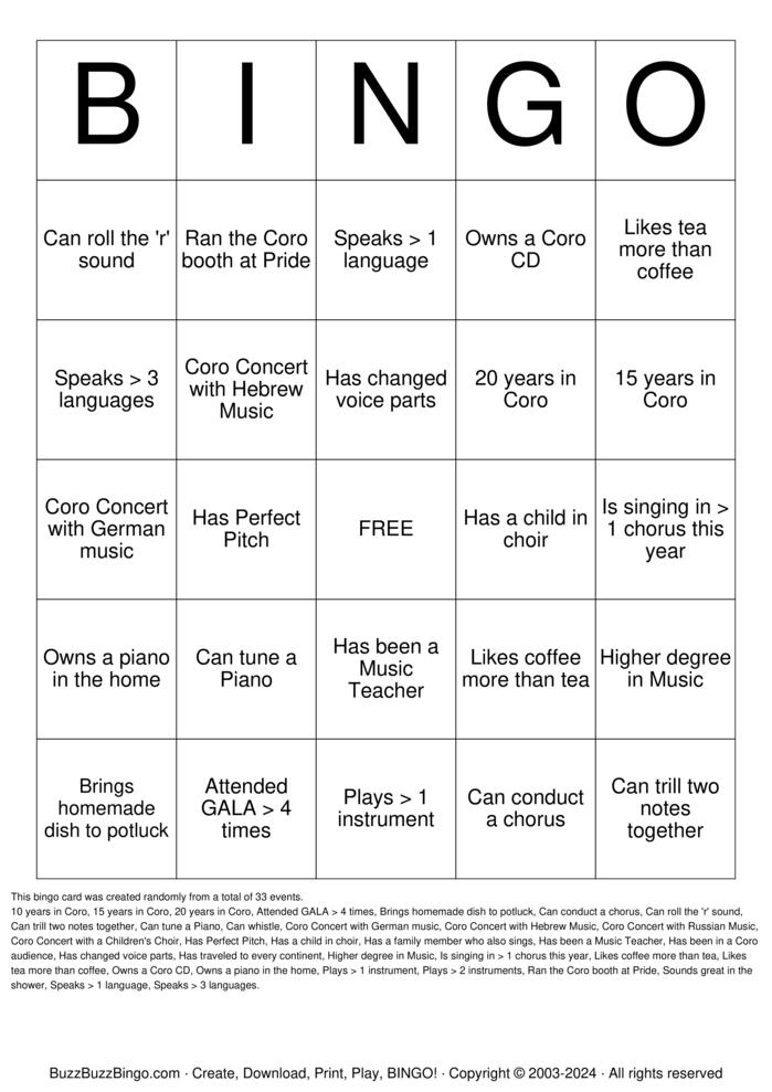 Welcome Back to Coro Allegro! Bingo Cards to Download, Print and Customize!