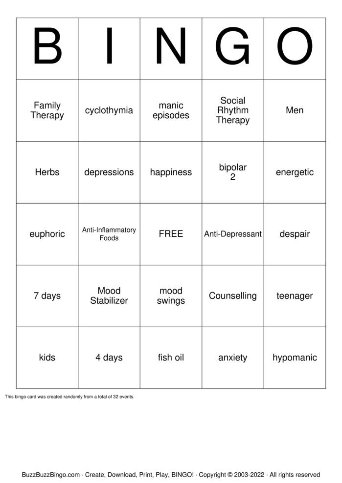 bipolar disorder Bingo Cards to Download, Print and Customize!
