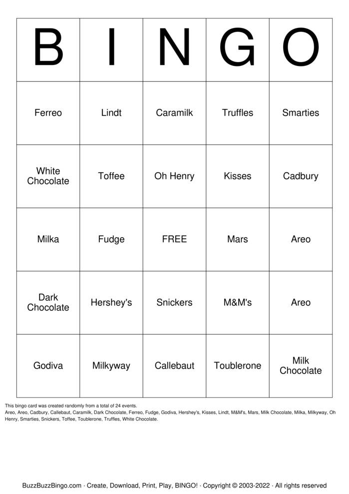 chocolate Bingo Cards to Download, Print and Customize!