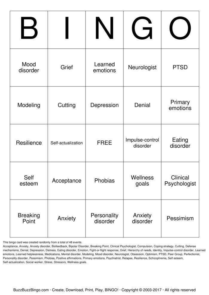 defense mechanisms Bingo Cards to Download, Print and Customize!