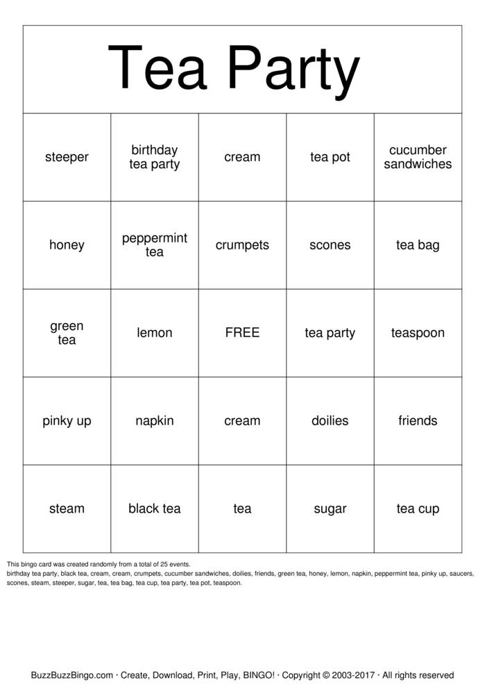 tea party bingo Bingo Cards to Download, Print and Customize!