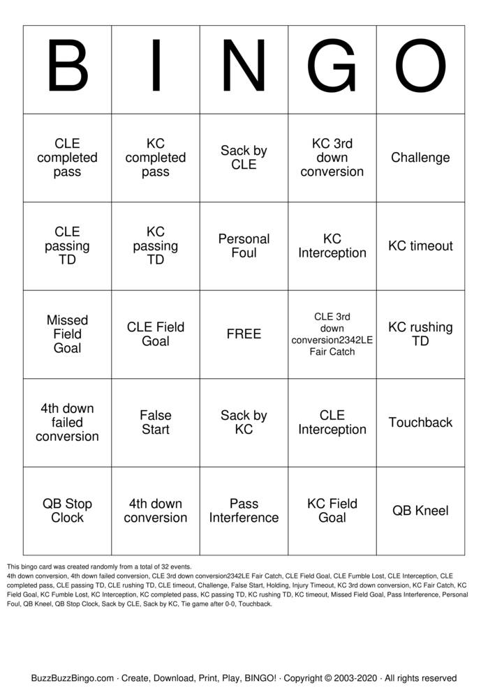 2020 34243SF vs KC Bingo Cards to Download, Print and Customize!