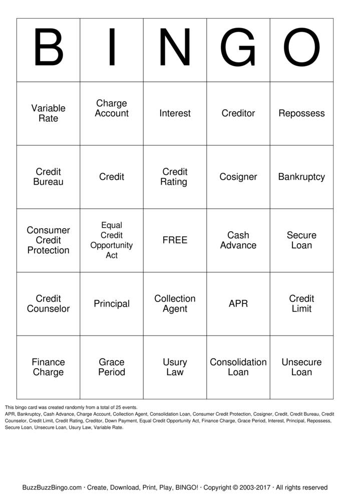 Credit Review Bingo Cards to Download, Print and Customize!