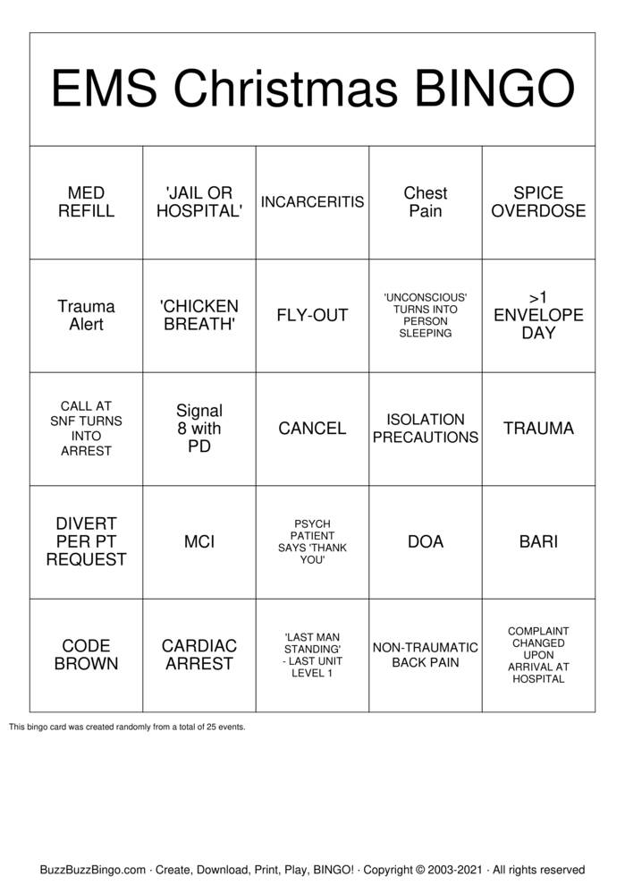 EMS Bingo Cards to Download, Print and Customize!