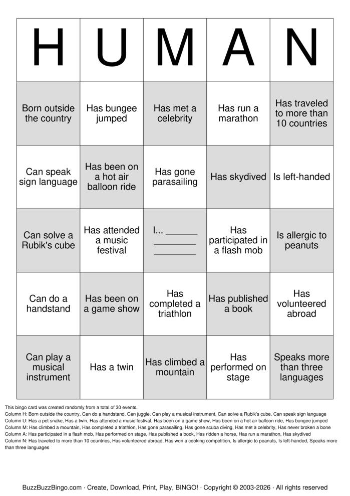 Human Bingo Cards to Download, Print and Customize!