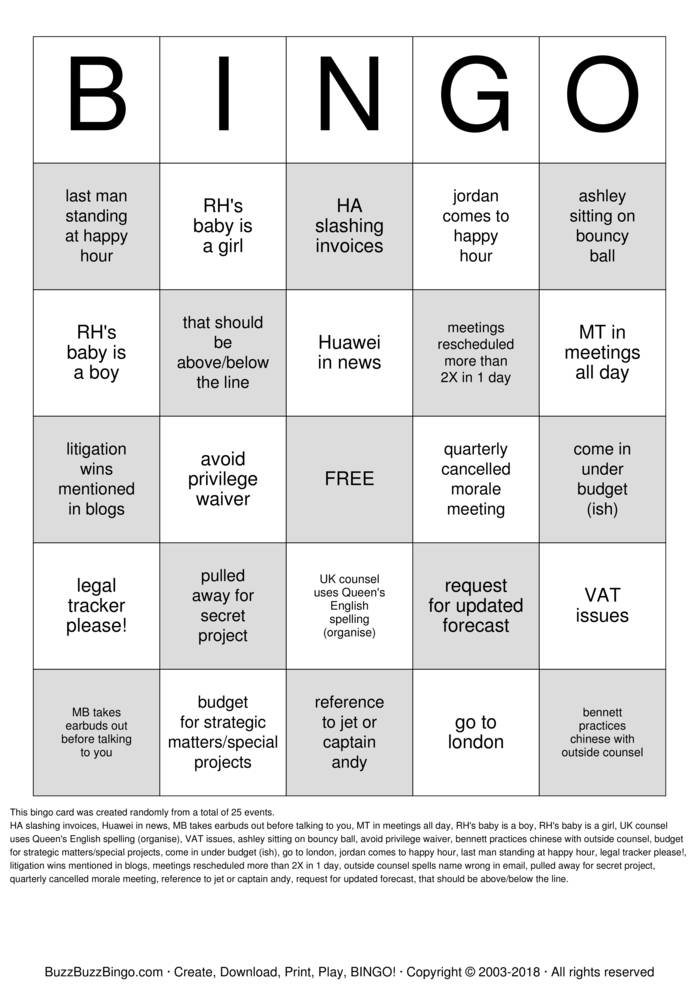 Legal Department BINGO Bingo Cards to Download, Print and Customize!
