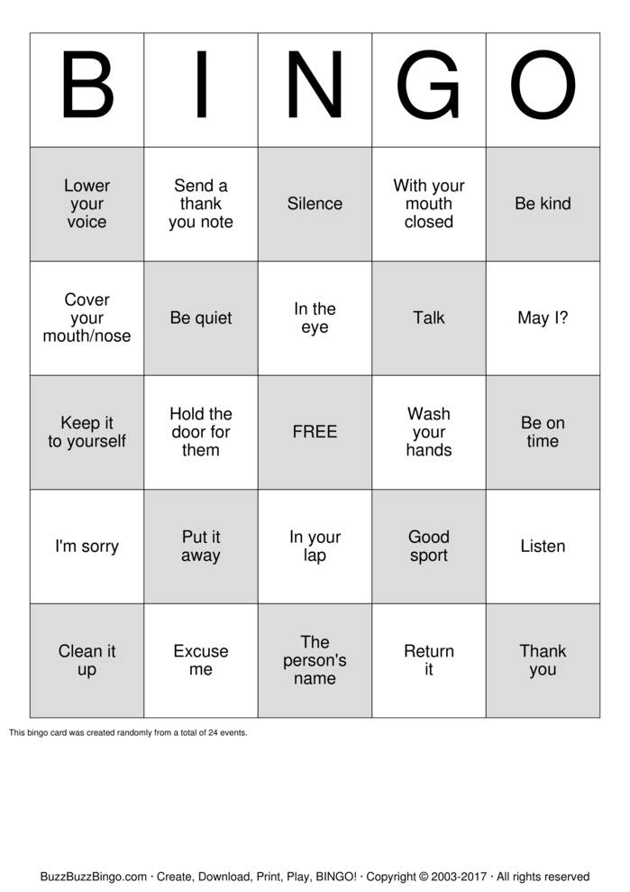 Manners Bingo Cards to Download, Print and Customize!