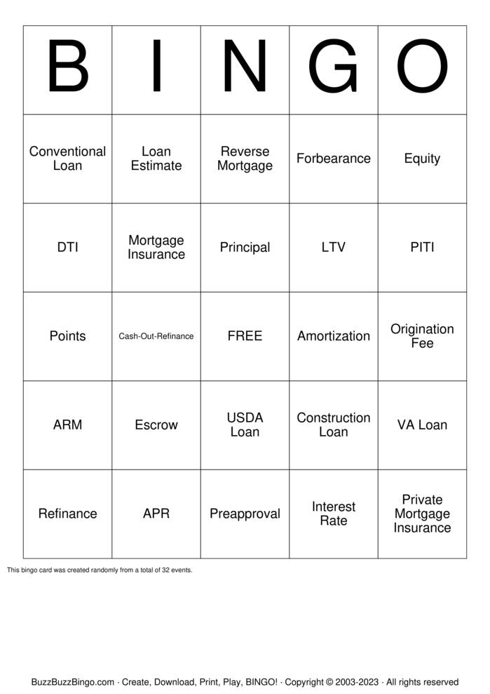 Mortgage Bingo Bingo Cards to Download, Print and Customize!
