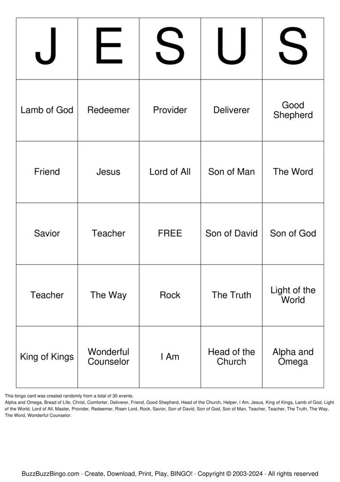 Names of Jesus Bingo Cards to Download, Print and Customize!