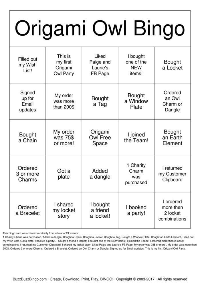 Origami Owl Bingo Bingo Cards to Download, Print and Customize!