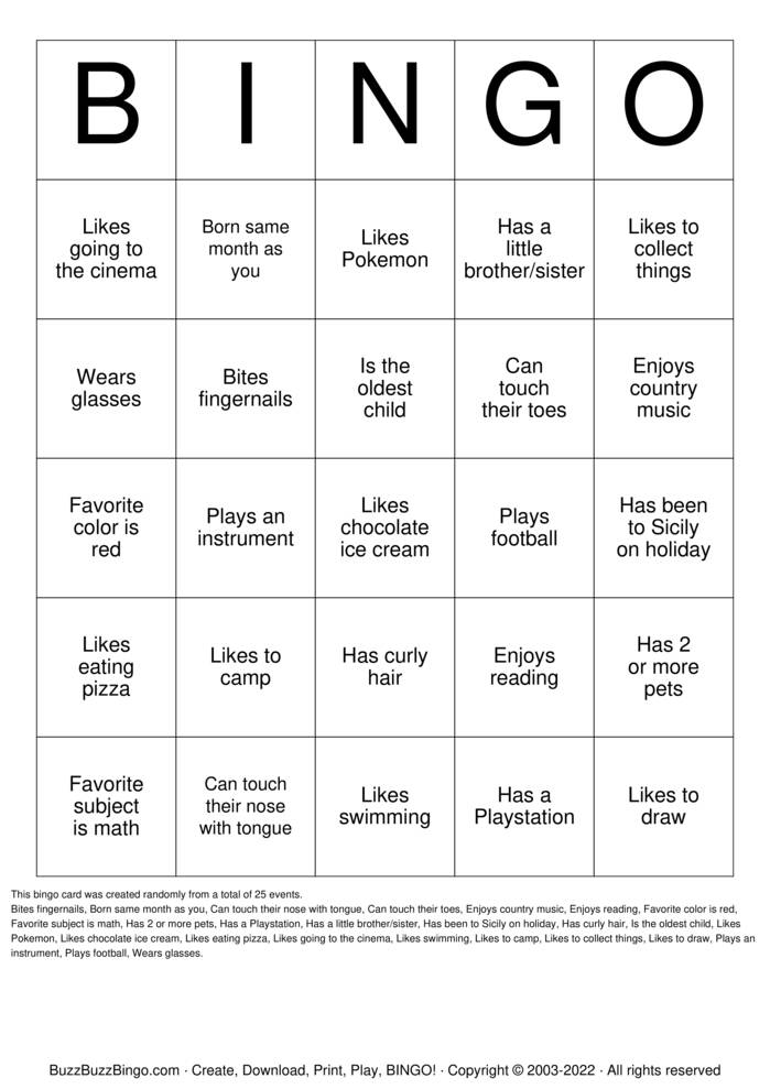 PEOPLE BINGO Bingo Cards to Download, Print and Customize!