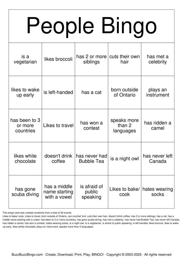 People Bingo Bingo Cards to Download, Print and Customize!