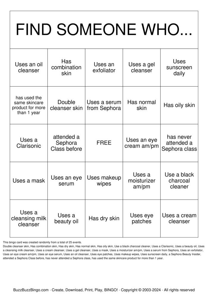 Skincare Class Bingo Bingo Cards to Download, Print and Customize!
