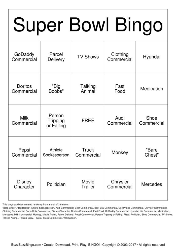 Superbowl Commercials Bingo Cards to Download, Print and Customize!