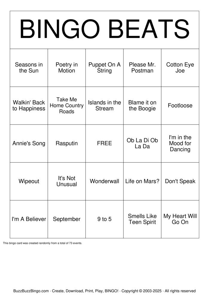BINGO BEATS Bingo Cards to Download, Print and Customize!