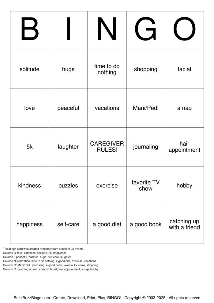 CAREGIVER Bingo Cards to Download, Print and Customize!