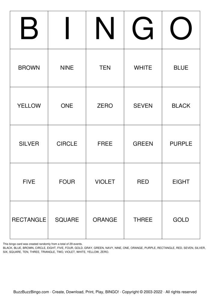COLORS, SHAPES AND NUMBERS Bingo Cards to Download, Print and Customize!