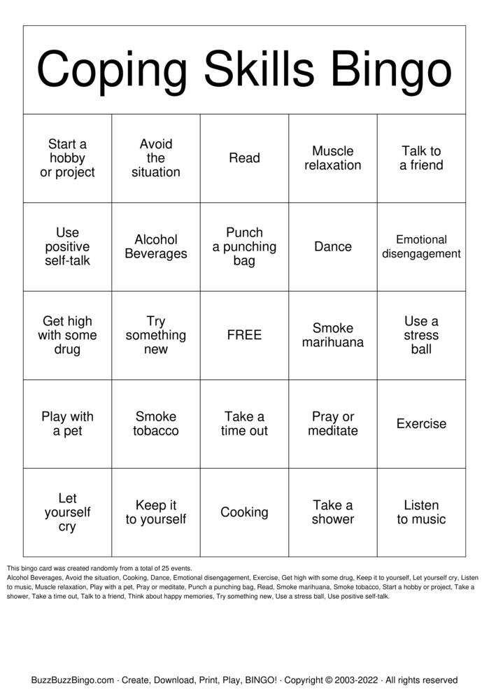 Coping Skills Bingo Cards to Download, Print and Customize!