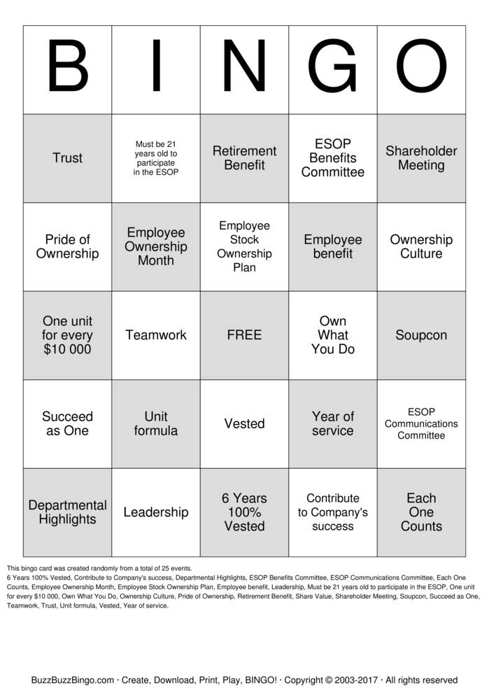 ESOP Bingo Bingo Cards to Download, Print and Customize!