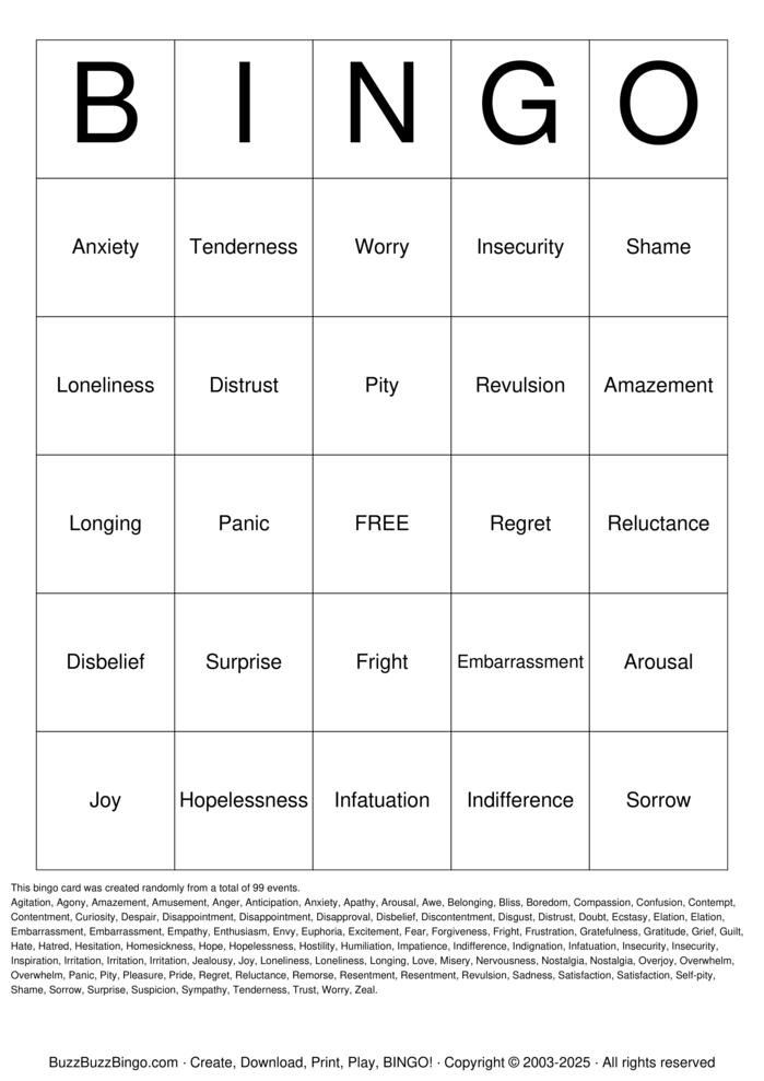 Emotions Bingo Cards to Download, Print and Customize!
