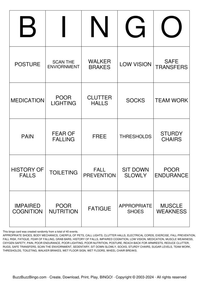 Fall Prevention Bingo Cards to Download, Print and Customize!