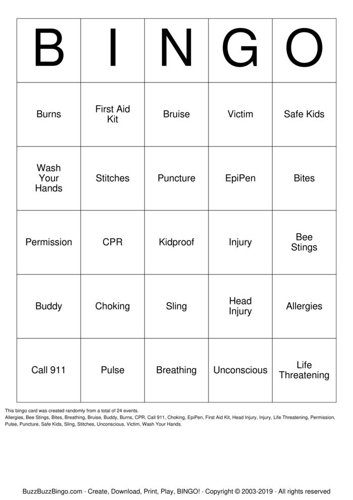 First Aid Bingo Bingo Cards to Download, Print and Customize!