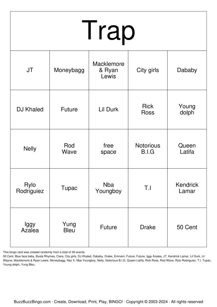 KT's Trap Bingo Bingo Cards to Download, Print and Customize!