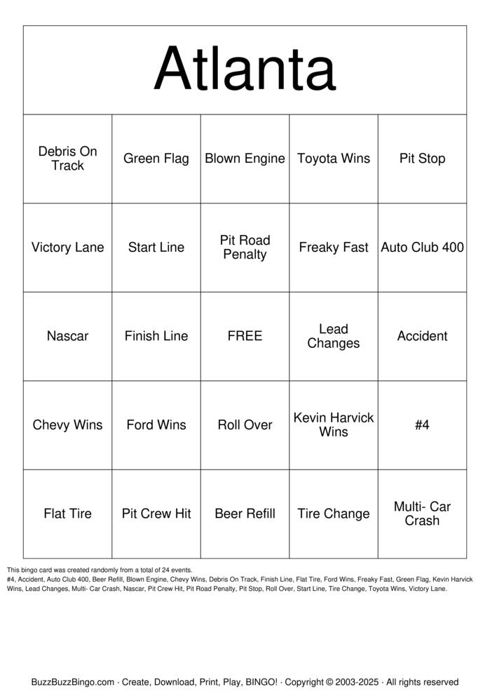 NASCAR BINGO Bingo Cards to Download, Print and Customize!