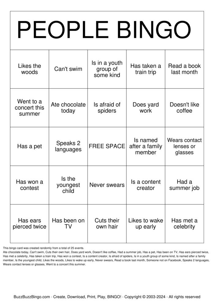 People Bingo Bingo Cards to Download, Print and Customize!