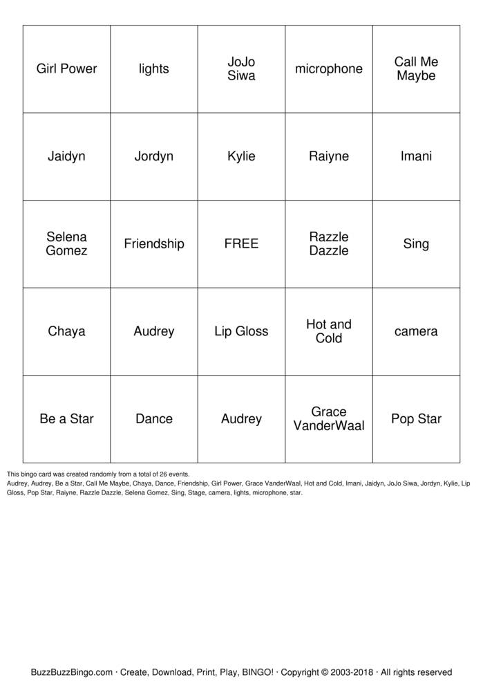 Pop Star Bingo Bingo Cards to Download, Print and Customize!
