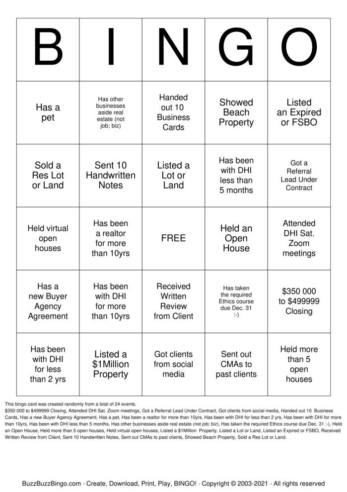 REALTOR BINGO Bingo Cards to Download, Print and Customize!