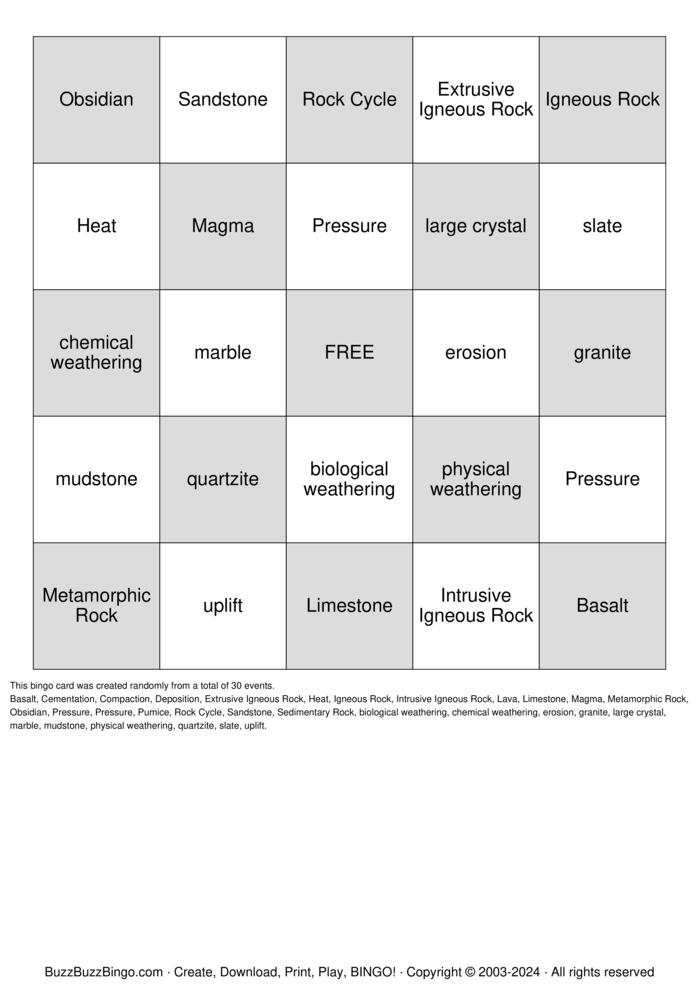 Rock Cycle Bingo Cards to Download, Print and Customize!