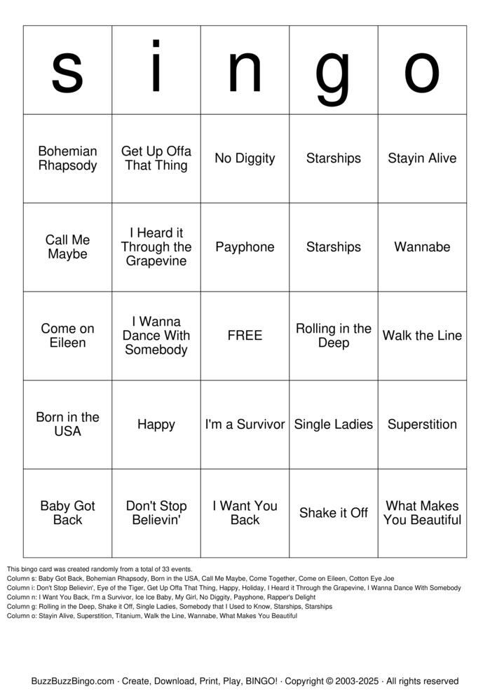 SINGO - CLASSIC Bingo Cards to Download, Print and Customize!