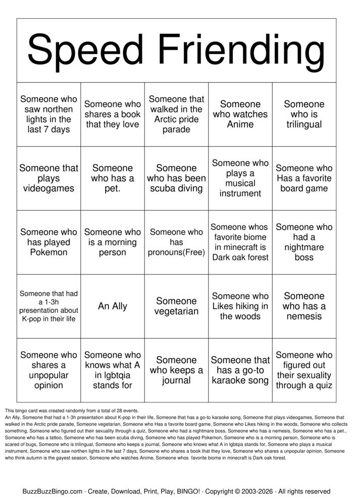 Speed Friending Bingo Cards to Download, Print and Customize!