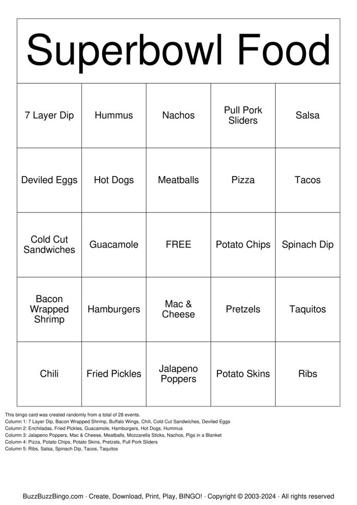 Superbowl Food Bingo Cards to Download, Print and Customize!