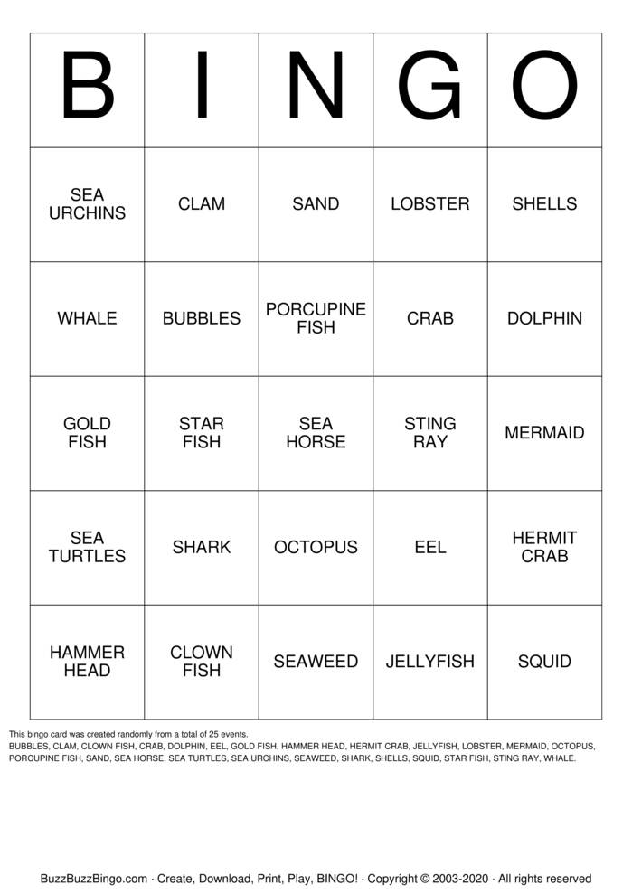 UNDER THE SEA BINGO Bingo Cards to Download, Print and Customize!