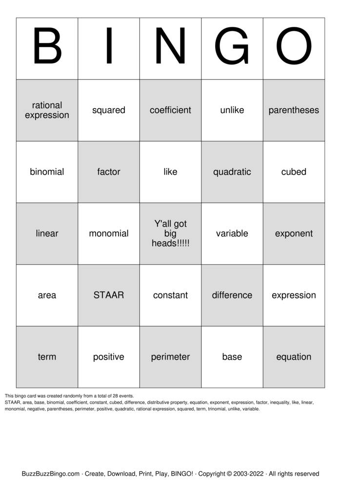 Algebra Bingo Bingo Cards to Download, Print and Customize!