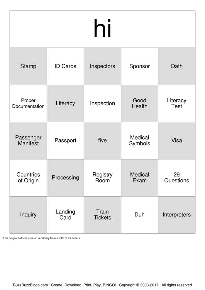 Ellis Island Bingo Cards to Download, Print and Customize!