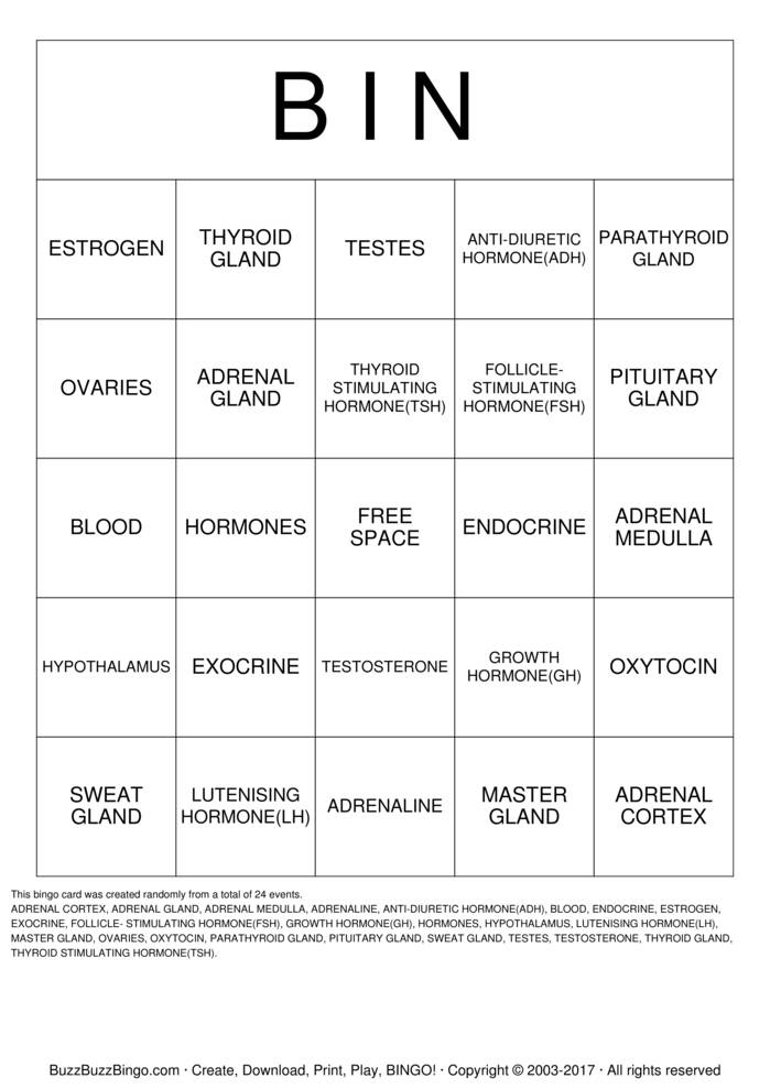 Endocrine System Bingo Cards to Download, Print and Customize!