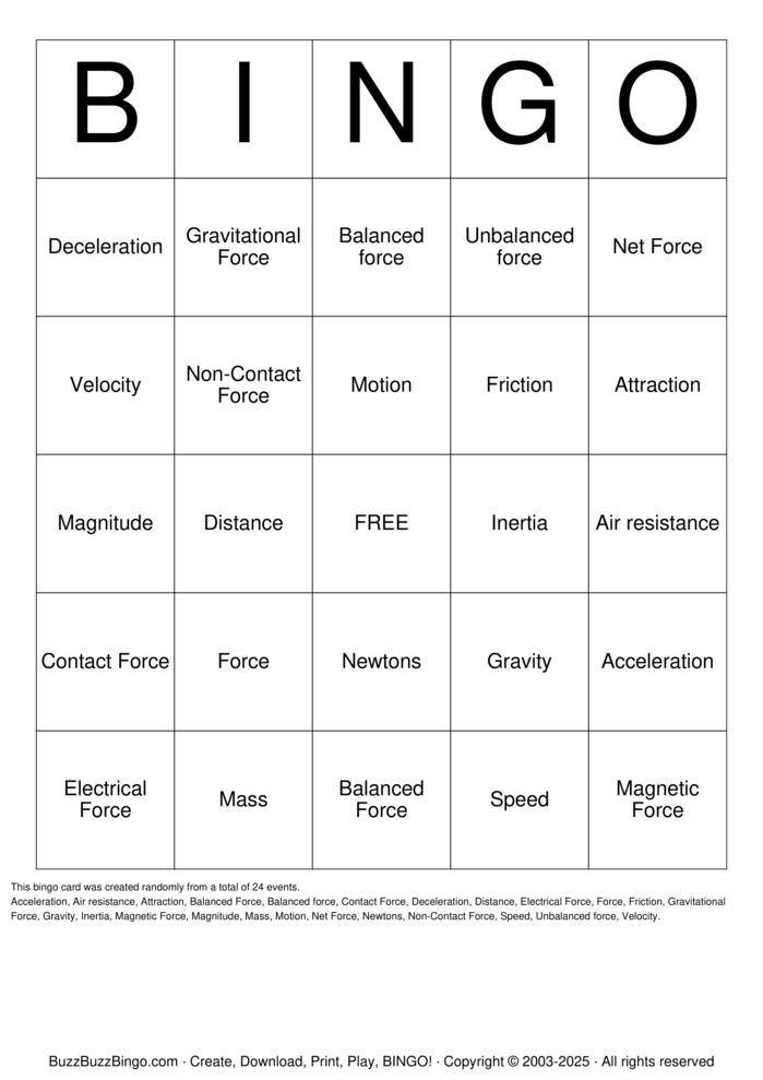 Force & Motion Bingo Cards to Download, Print and Customize!