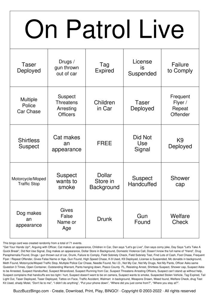 LIVE PD Bingo Cards to Download, Print and Customize!