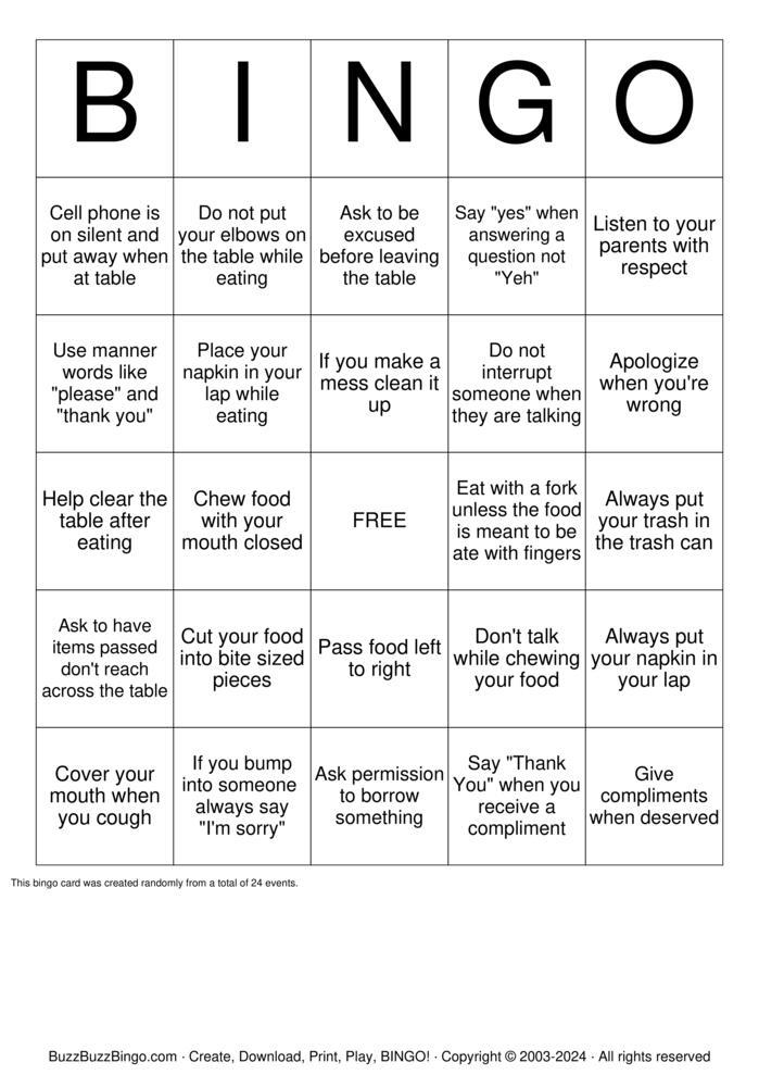Manners Bingo Cards to Download, Print and Customize!