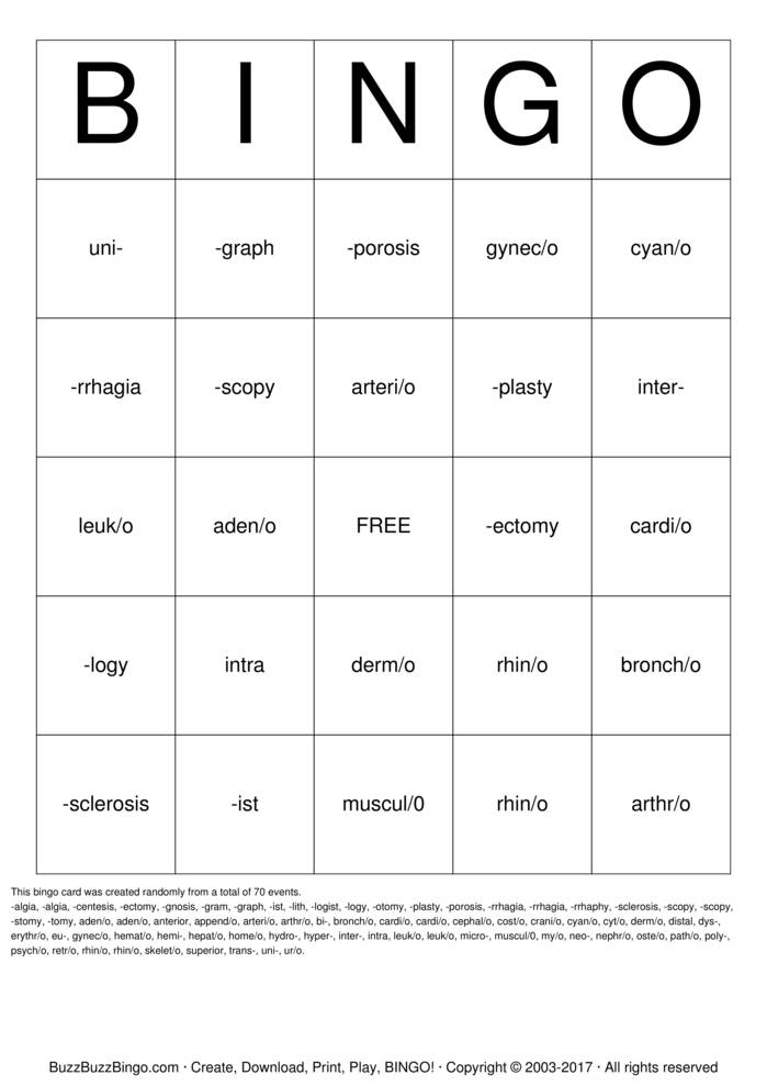 Medical Terms Word Parts Bingo Cards to Download, Print and Customize!