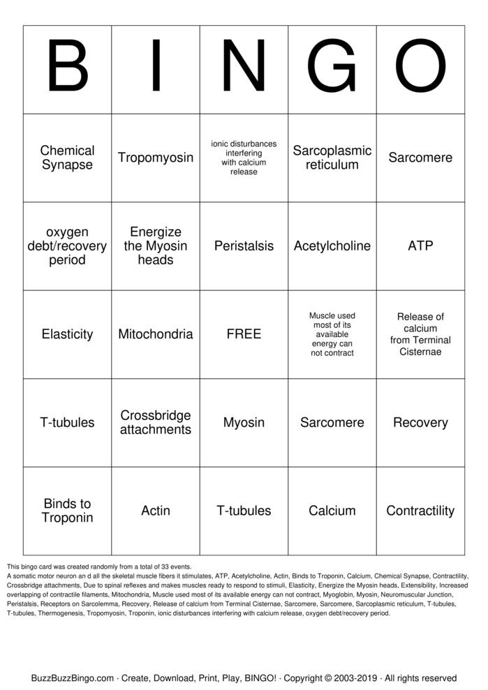 Muscular System Physiology Bingo Bingo Cards to Download, Print and ...