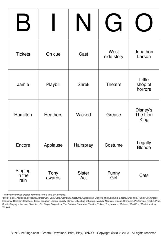 Musicals! Bingo Cards to Download, Print and Customize!