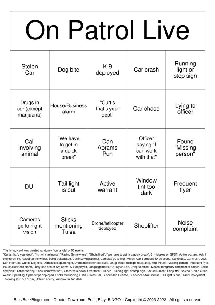 On Patrol Live Bingo Cards to Download, Print and Customize!