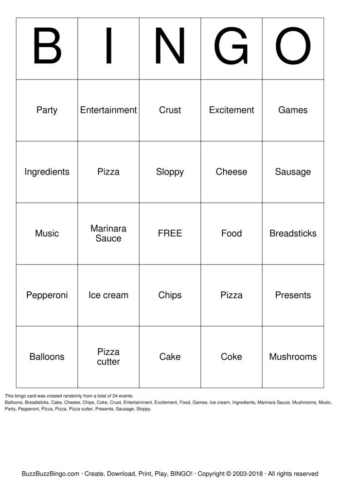 Pizza Bingo Bingo Cards to Download, Print and Customize!