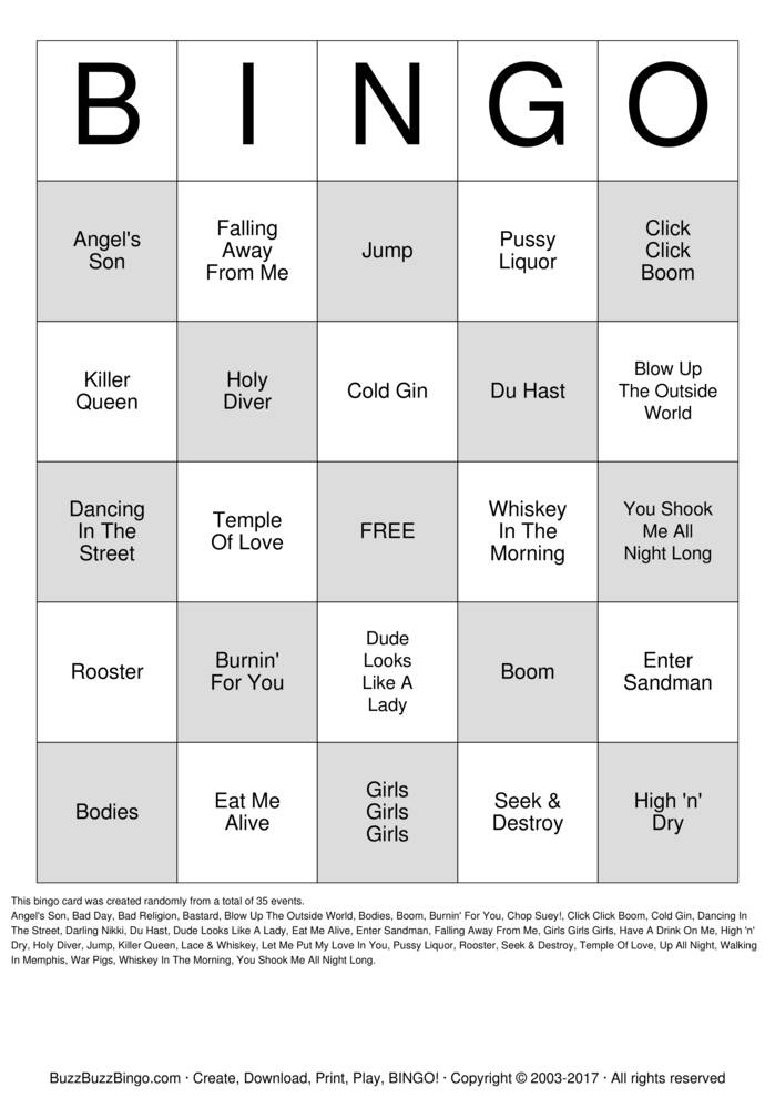 Rock 'N' Roll Bingo Bingo Cards to Download, Print and Customize!
