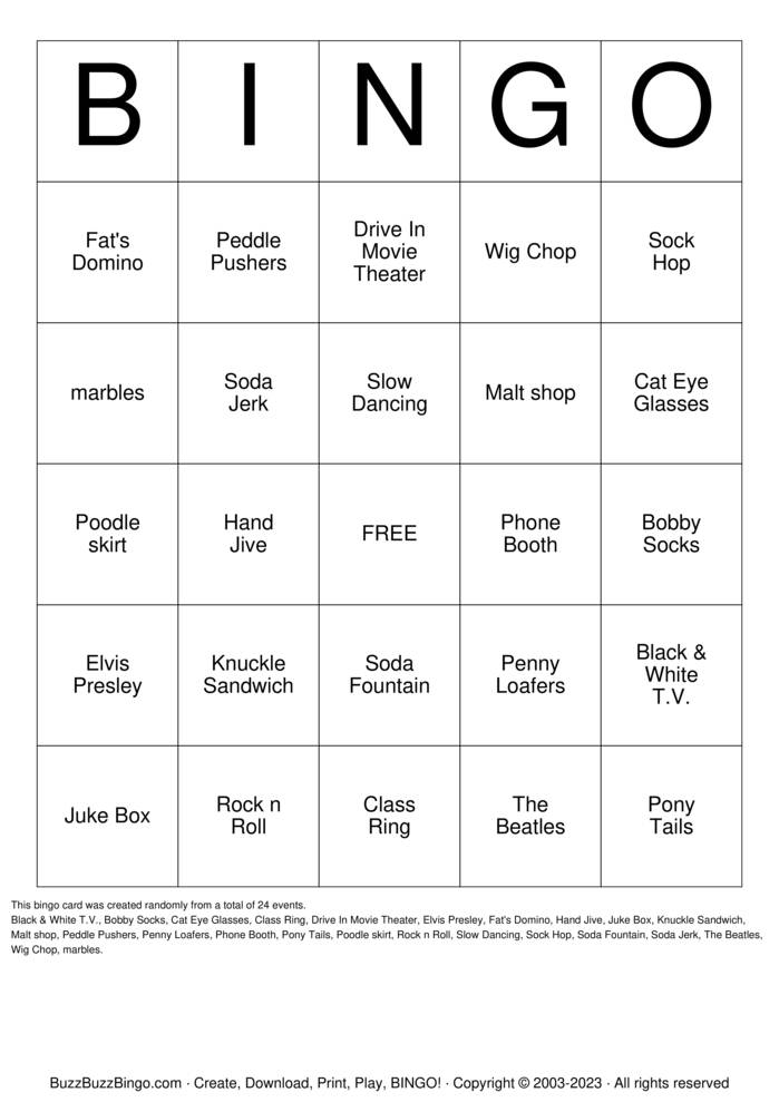 1950s Pop Culture Bingo Cards to Download, Print and Customize!