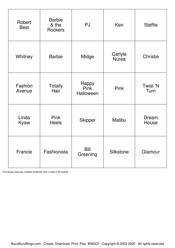 Barbie Bingo Bingo Cards to Download, Print and Customize!